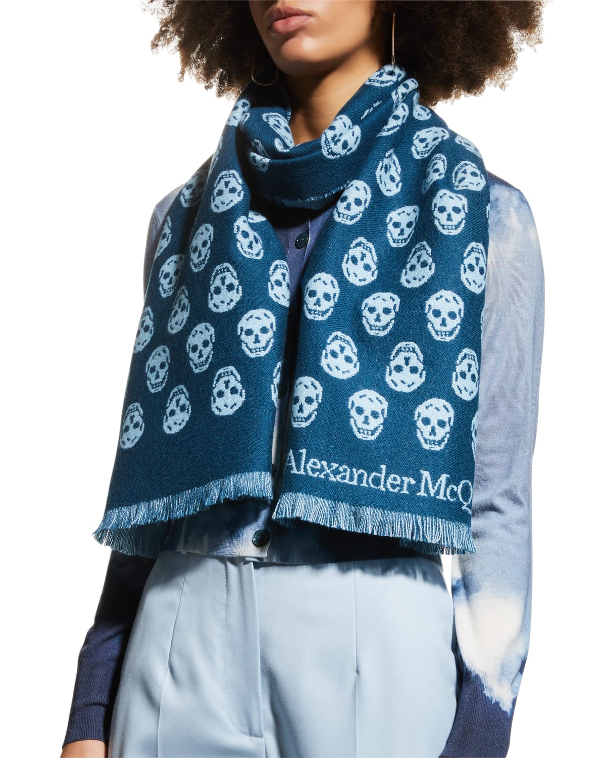 Alexander Mcqueen Reversible Skull-Print Wool Scarf - Blue Sky